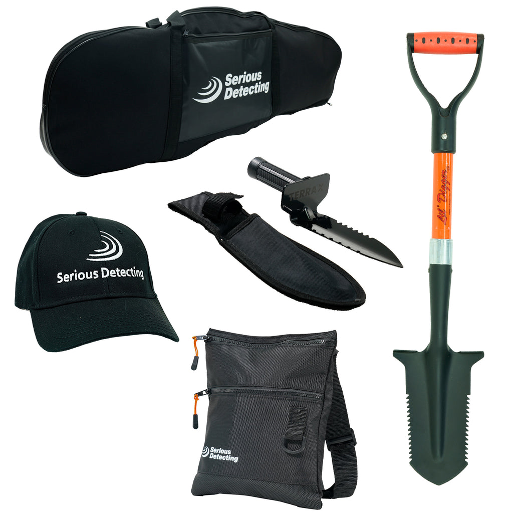 Serious Detecting Kit: Pouch, Carry bag, Cap, Digger & Shovel for Trea